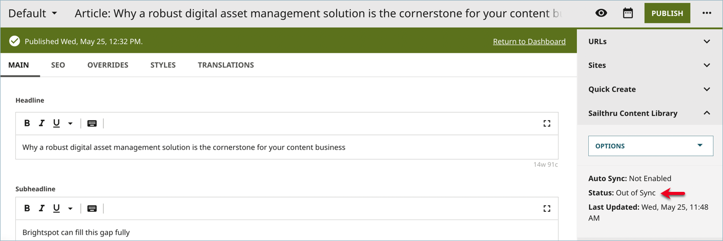 Submitting content manually to the Sailthru Content Library | Brightspot Docs